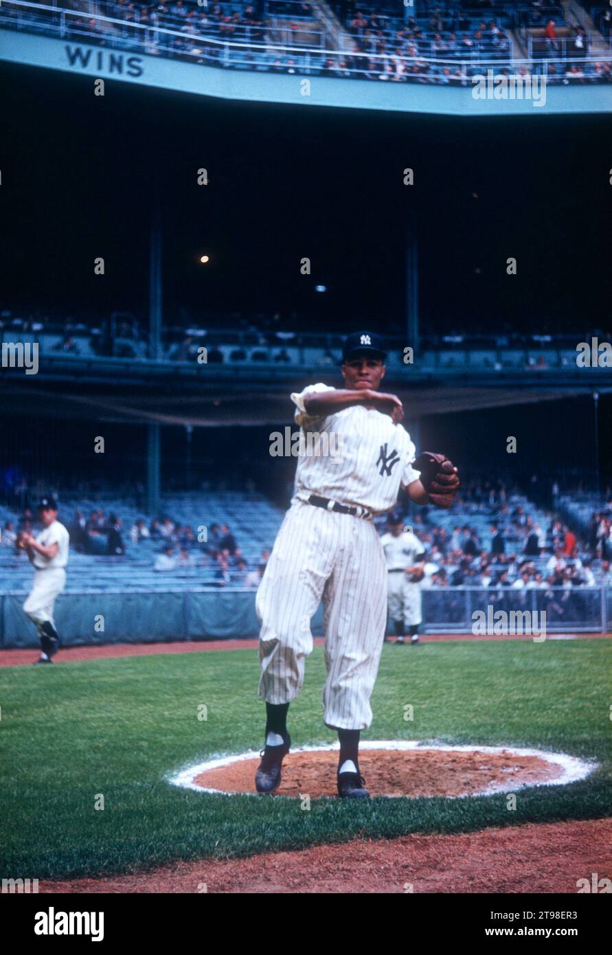 BRONX, NY - MAY 11: Elston Howard #32 of the New York Yankees warms-up ...