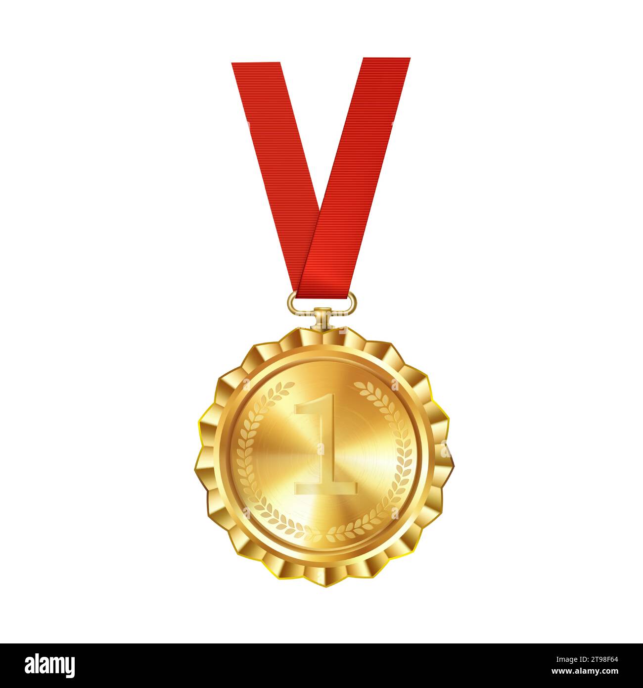 Realistic golden medal on red ribbon with engraved number one. Sports ...