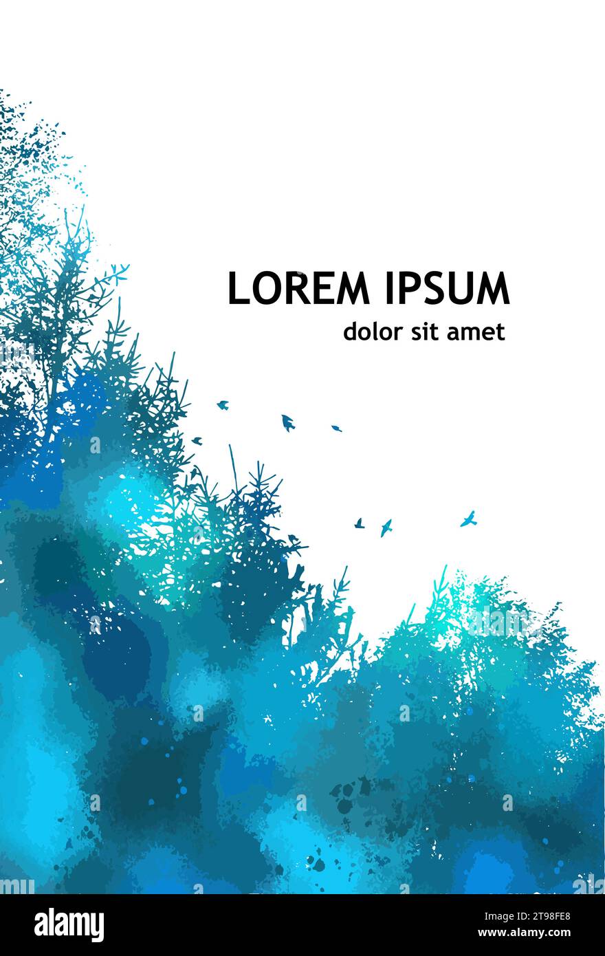 Blue forest landscape with birds. Watercolor trees. hand drawing. Not ...