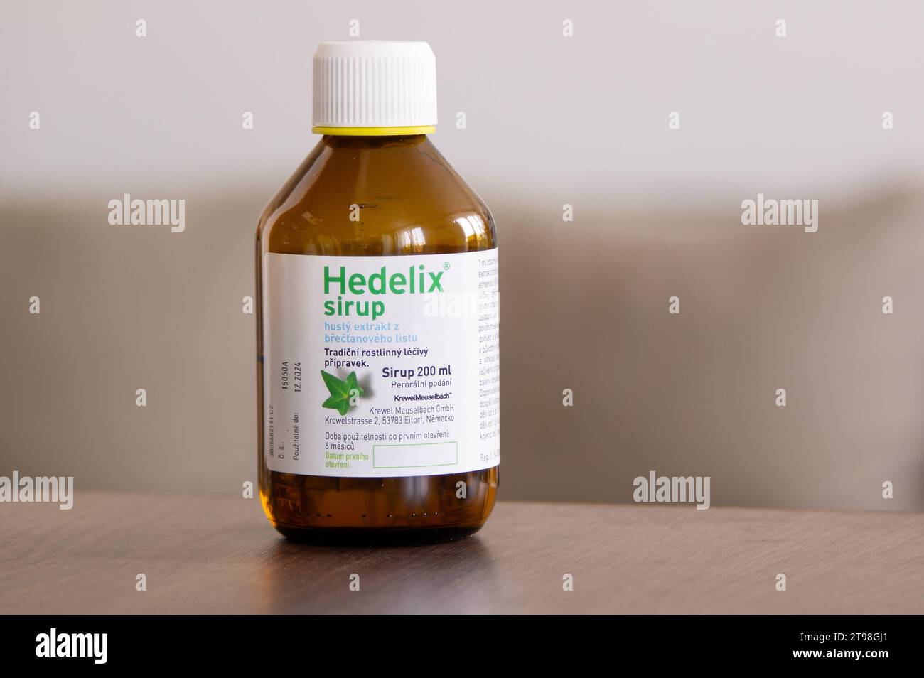 OSTRAVA, CZECH REPUBLIC - JUNE 21, 2023: Hedelix syrup made from ivy to ...