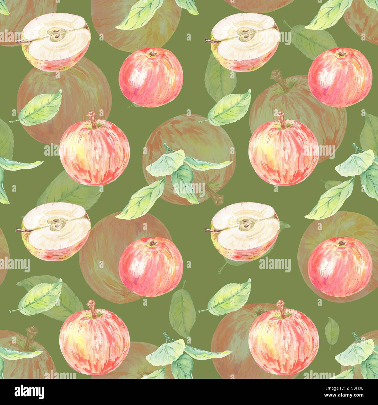 Seamless pattern hand painted red apples and green leaves. Watercolor botanical illustration on ...