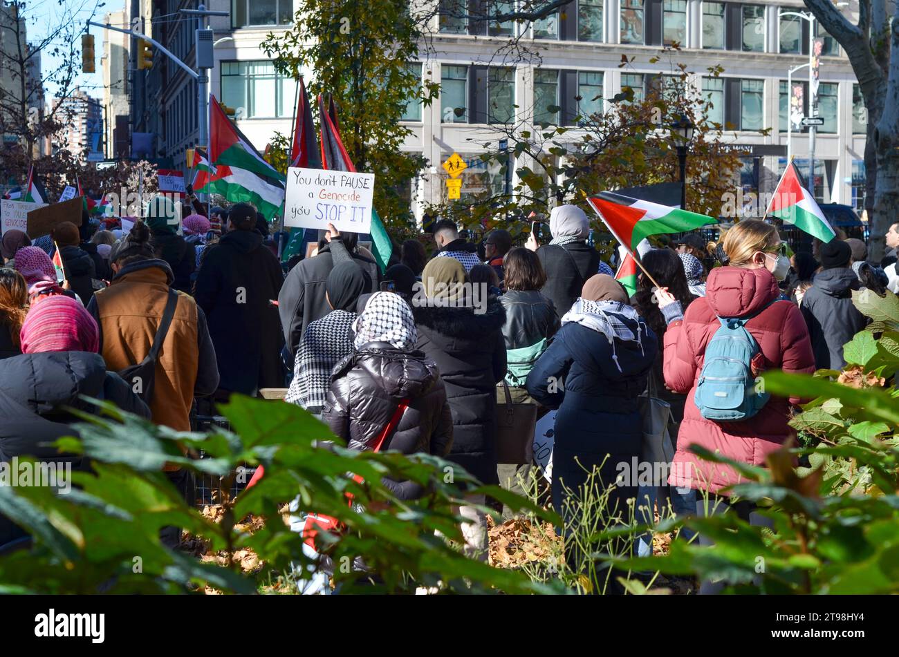 New York City, United States. 23rd November, 2023. Demonstrators are ...
