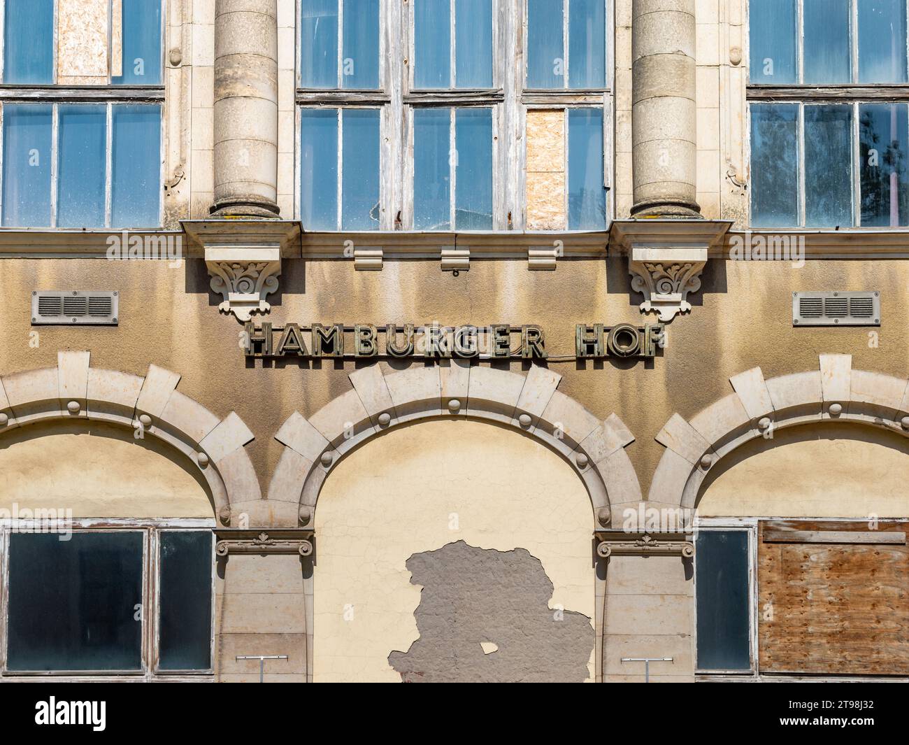 Hamburger Hof building facade. The run down house is abandoned since ...