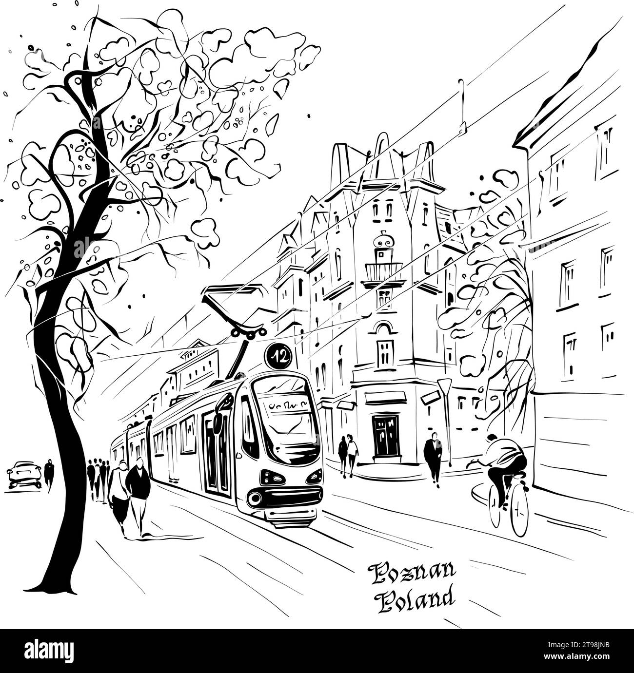Vector sketch of Old town of Poznan in autumn, Poland. Black and white ...