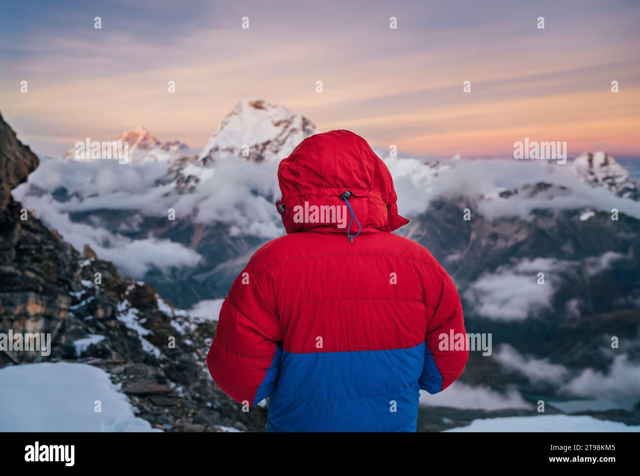 Climber dressed down jacket parka enjoying Makalu fifth highest ...