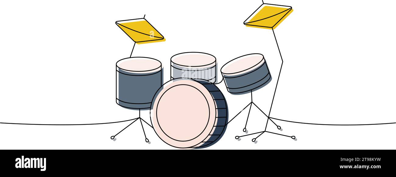 Drum kit one line colored continuous drawing. Musical instruments ...