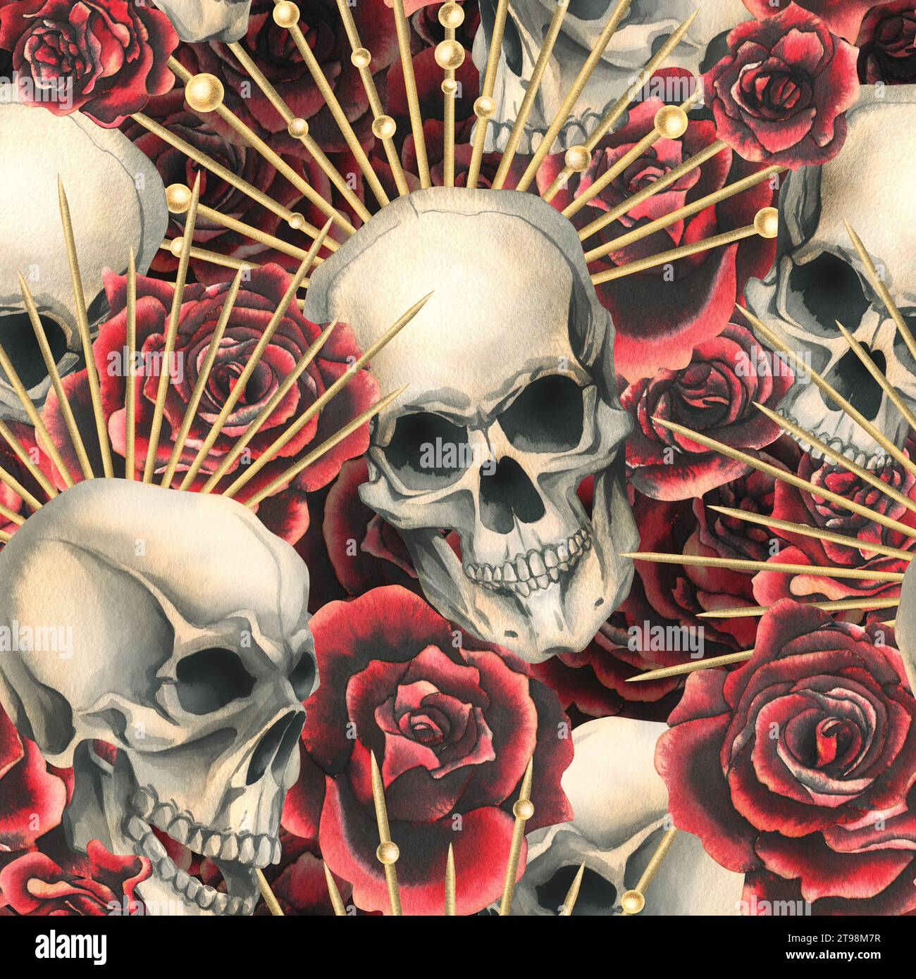 Human skulls with red roses and golden crones. Hand drawn watercolor ...