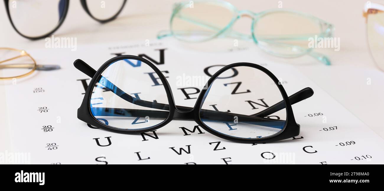 Eyeglasses with eye test chart, closeup Stock Photo - Alamy