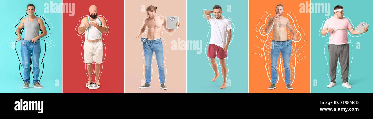 Set of men after weight loss on color background Stock Photo - Alamy