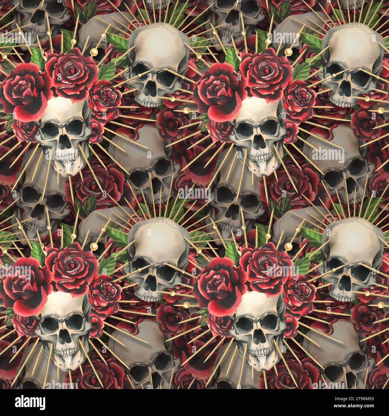 Human skulls with red roses and golden crones. Hand drawn watercolor ...