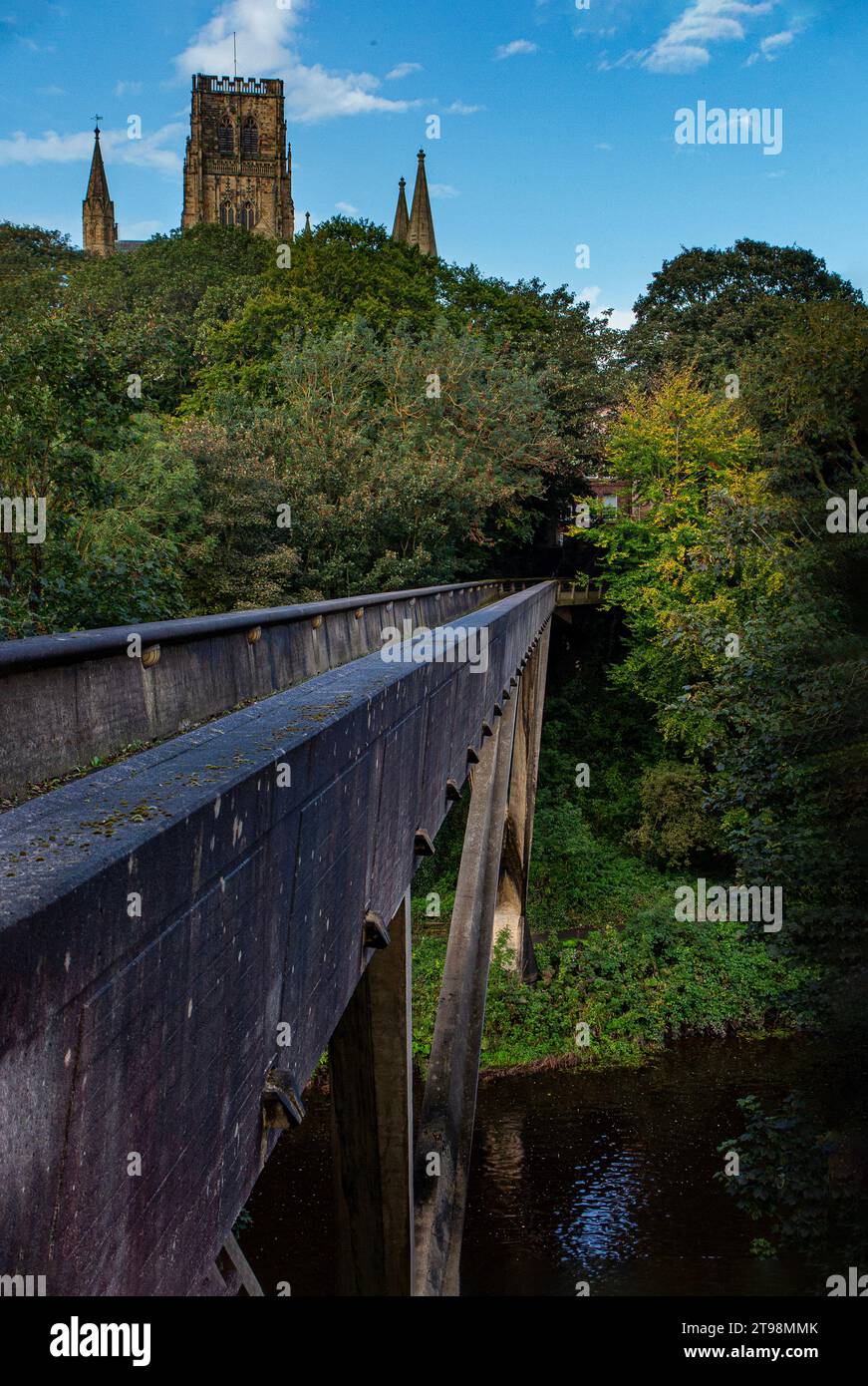 Durham Cathedral from a foot bridge over the River Wear in late ...