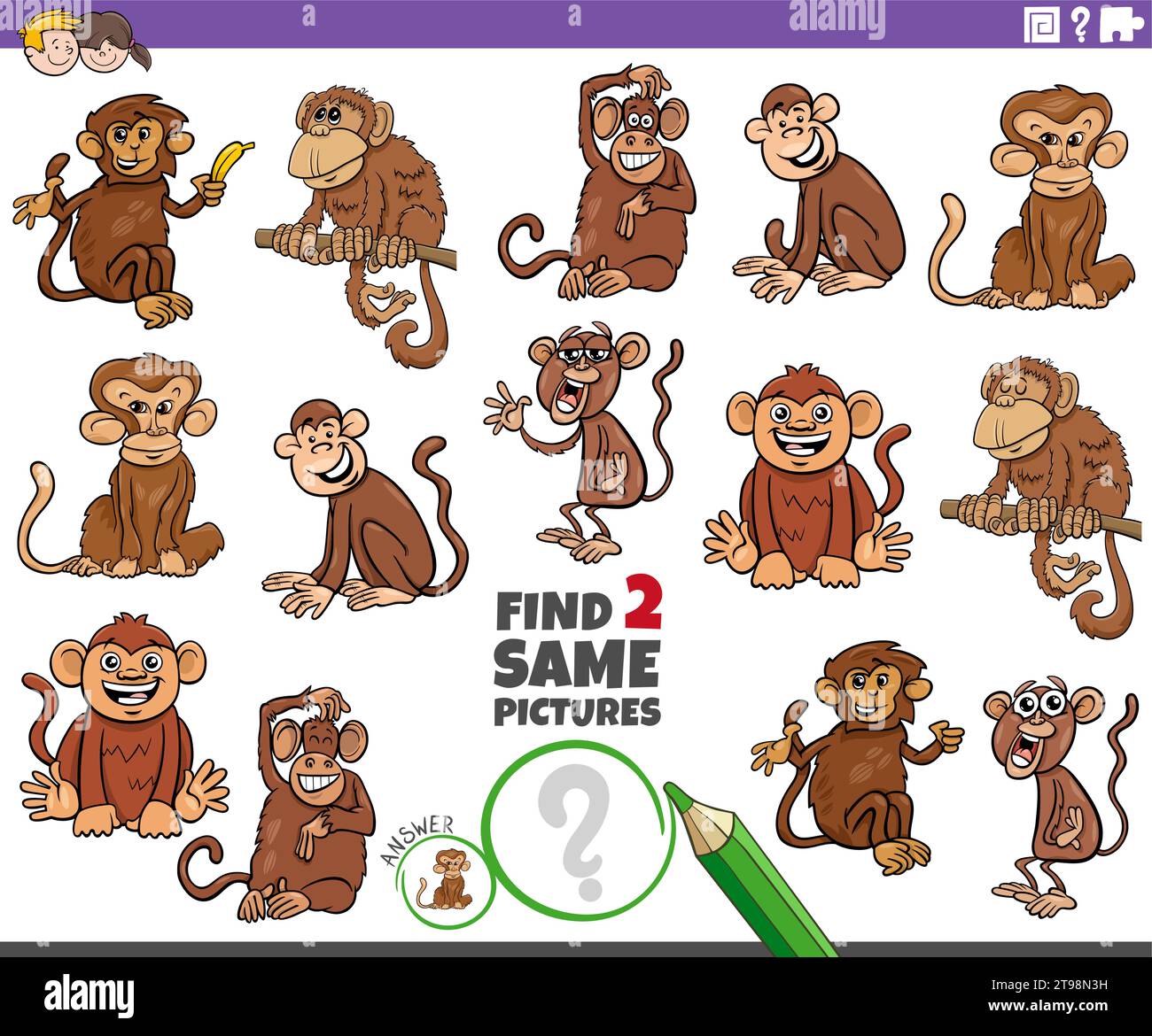 Cartoon illustration of finding two same pictures educational game with ...