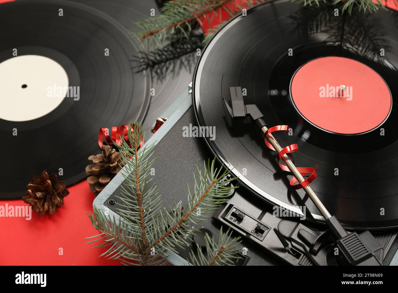 Festive Christmas music concept with vinyl record player and ...