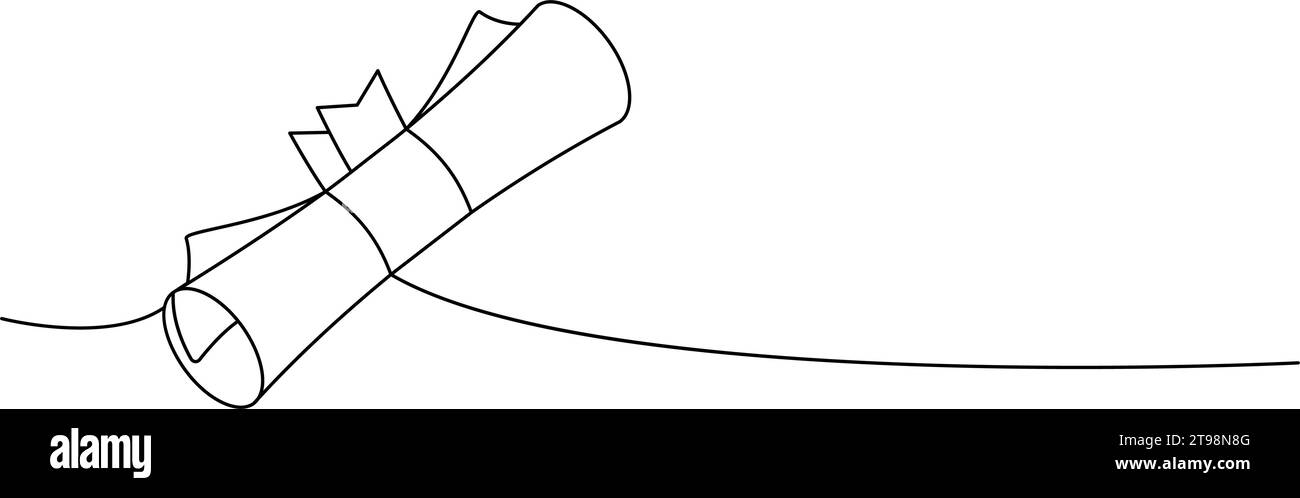 Folded diploma, certificate, school supplies one line continuous ...