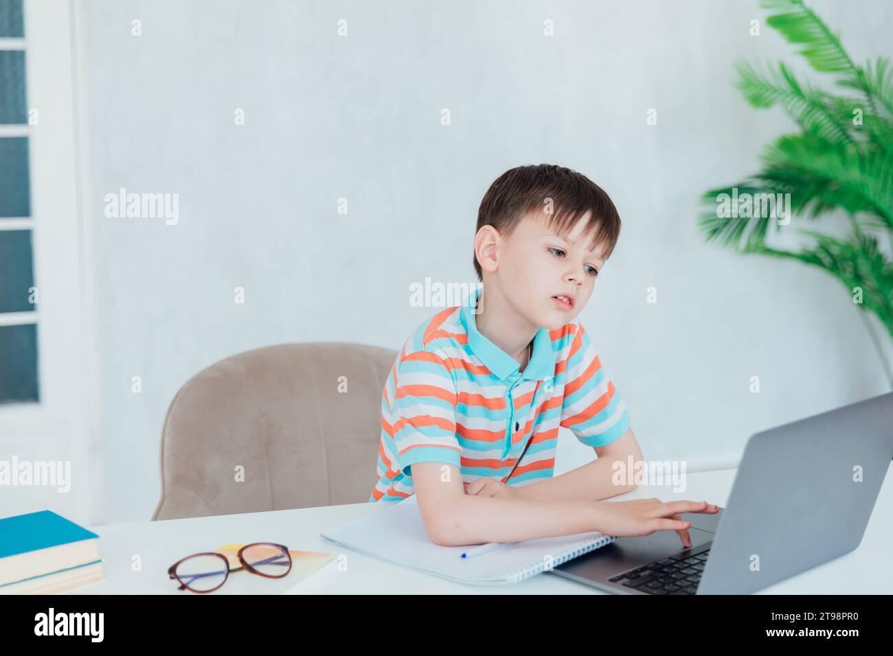 Boy doing online learning with laptop Stock Photo - Alamy