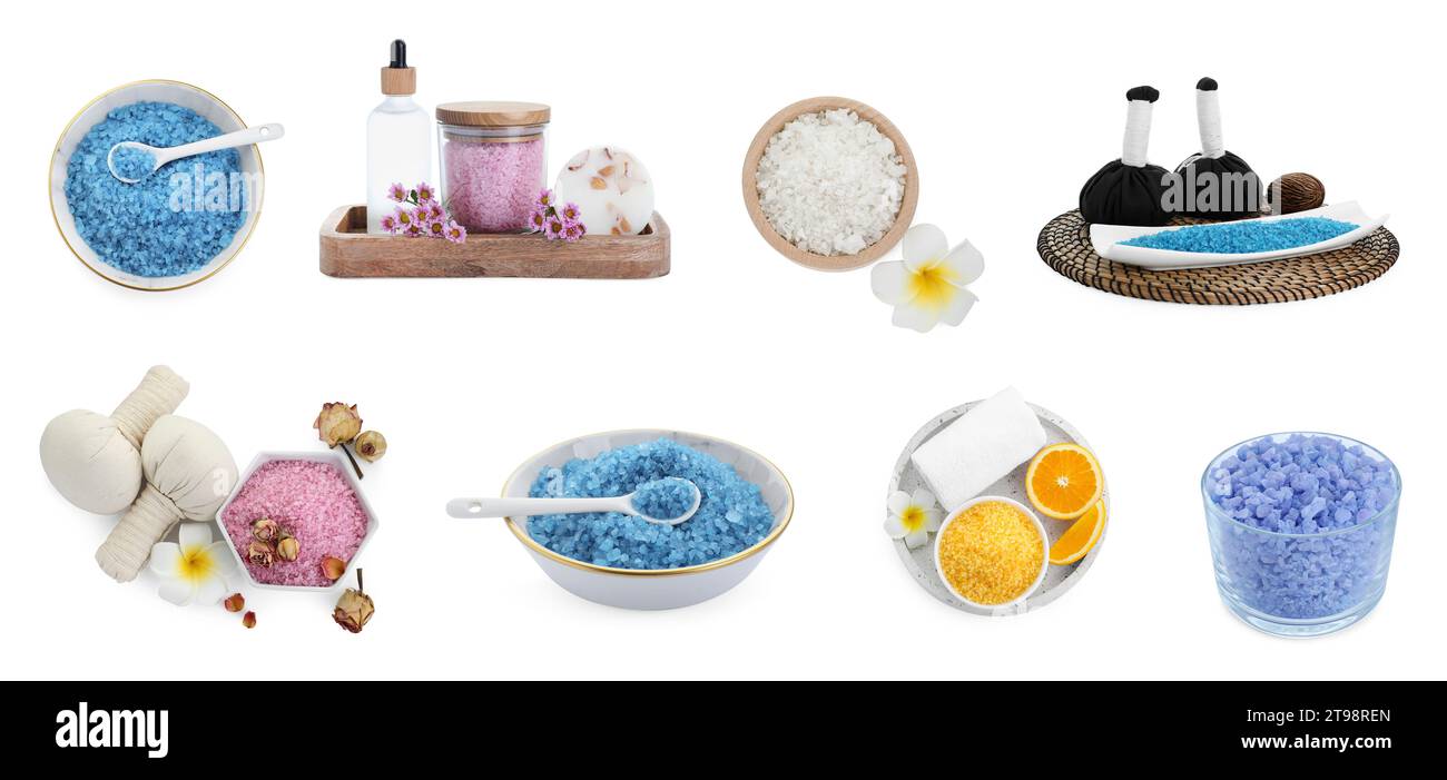 Different sea salt isolated on white, collection Stock Photo - Alamy