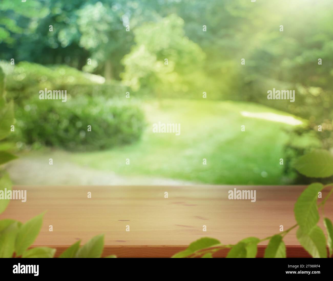 Empty wooden table in garden on sunny day. Space for design Stock Photo ...