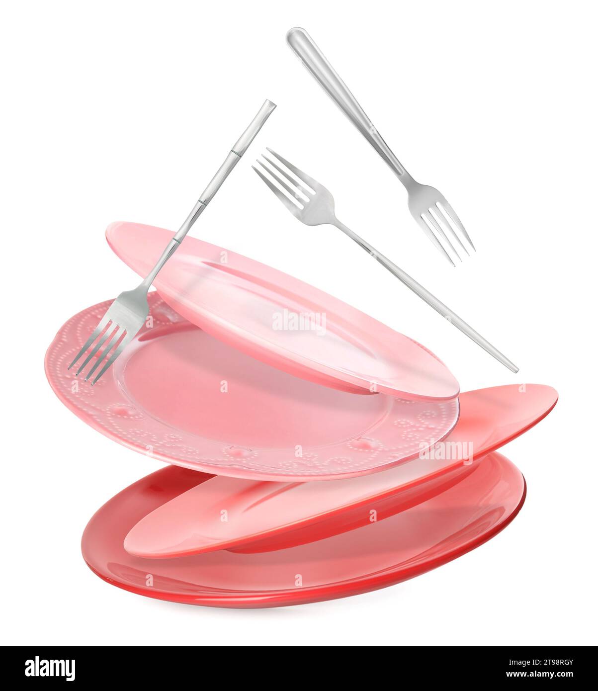 Clean plates and forks falling on white background Stock Photo - Alamy