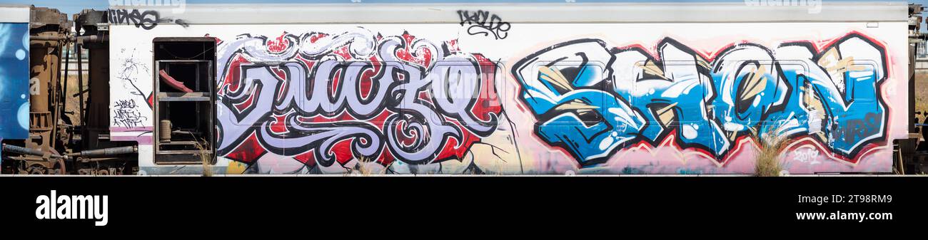 Vandalized train carriages with paintings without artistic expression ...