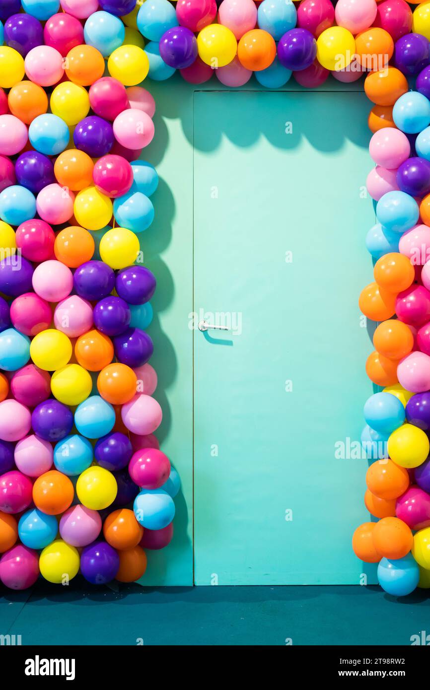 Door room with colorful balloons - concept of celebration, party, happy ...