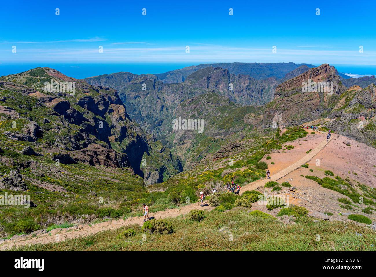 Pico do Areeiro mountain in Madeira Island with people walking on the ...