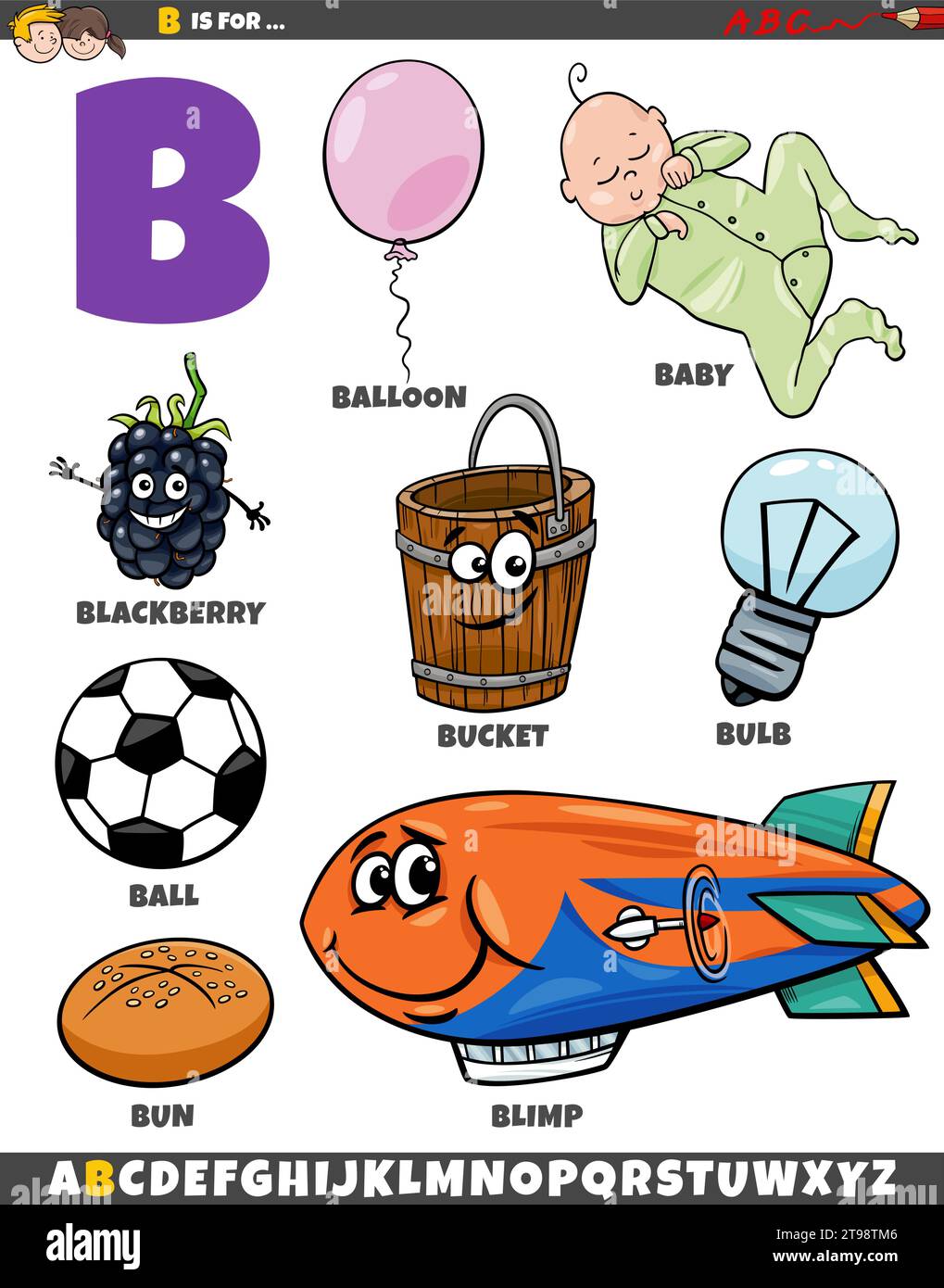 Cartoon illustration of objects and characters set for letter B Stock ...