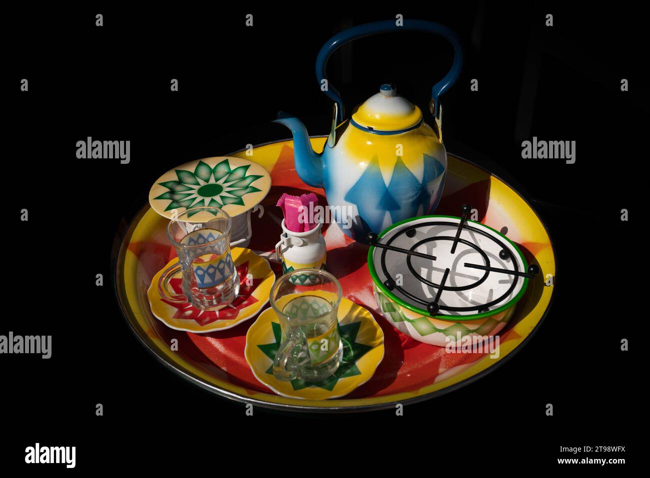 Colorful teapot and tea glasses Stock Photo - Alamy
