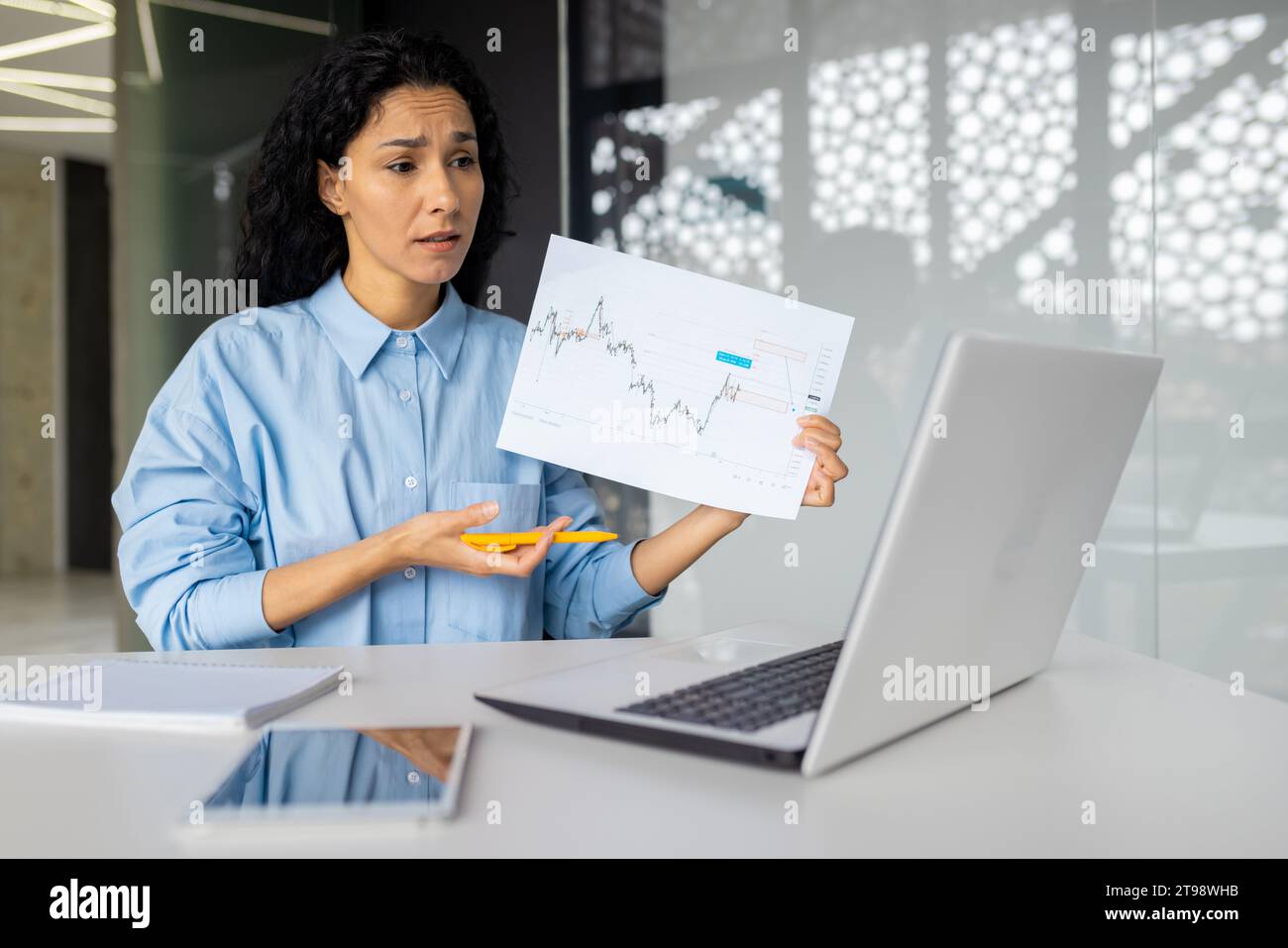 Upset and confused woman on online video meeting shows colleagues ...