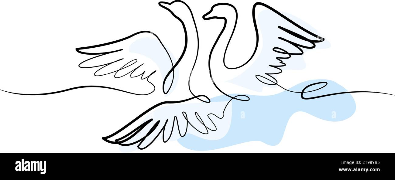 Cute swans couple swimming on lake sign. Continuous one line drawing ...
