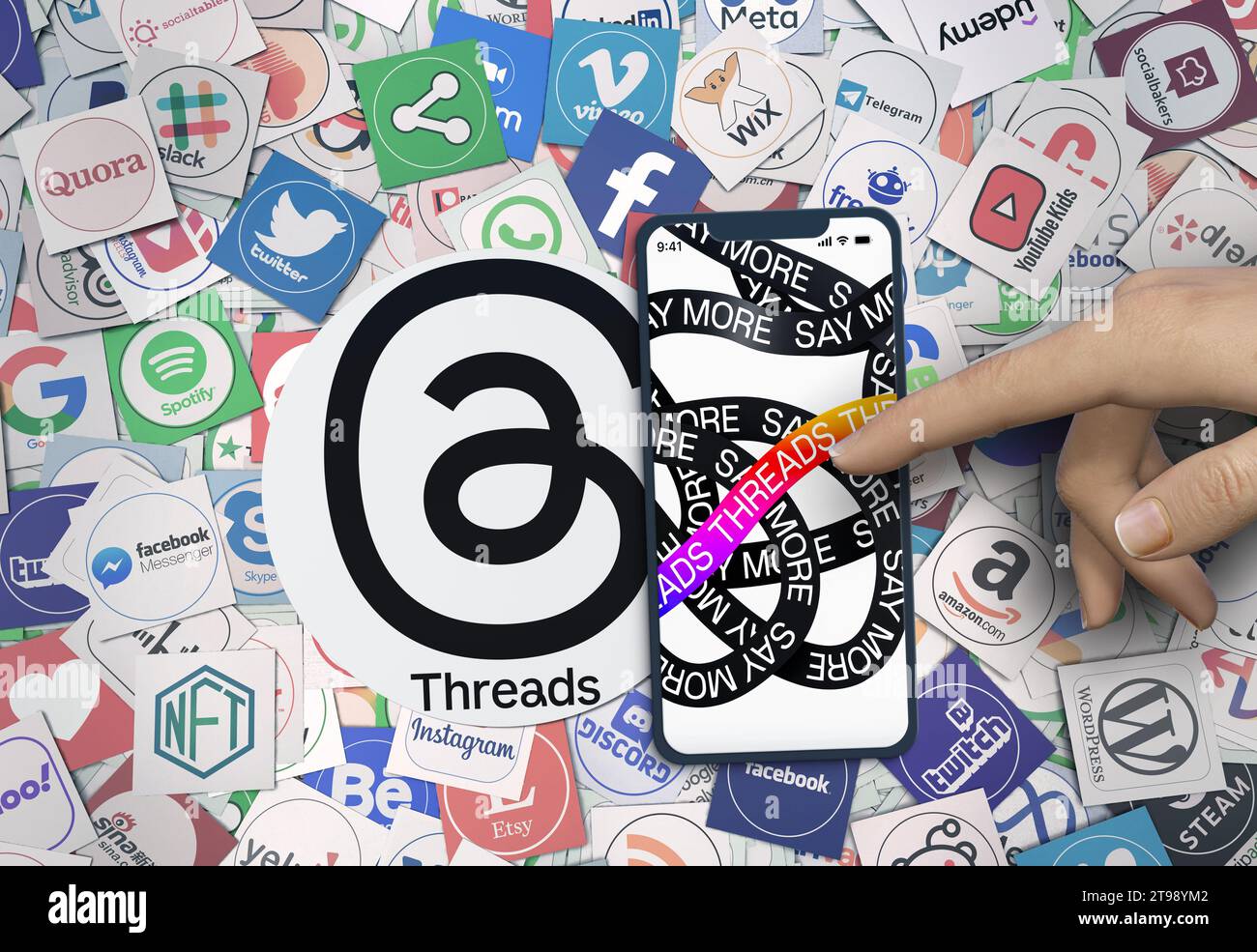 Threads logo. A new social media app from Meta to rival Twitter. 3D ...