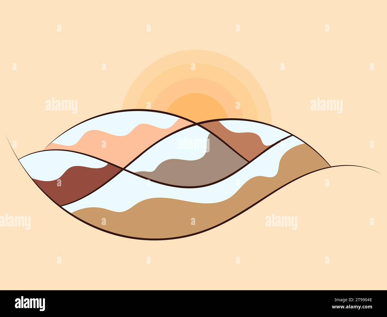 Winter landscape with snowy hills in line art style. Mountain sunrise ...