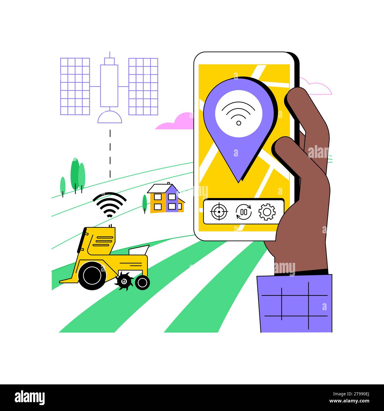 Remote machine navigation isolated cartoon vector illustrations. Farmer ...