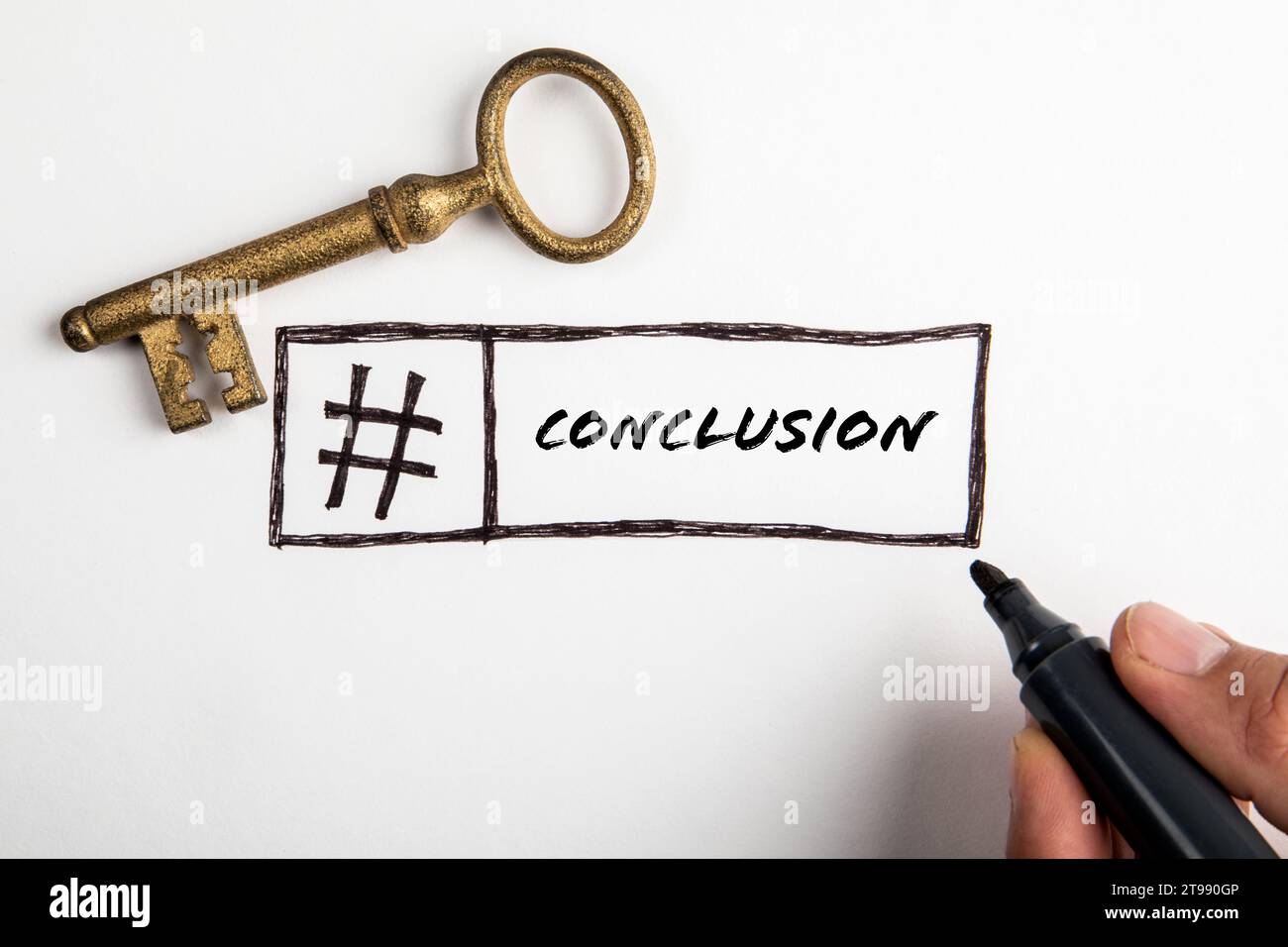 Conclusion Concept. Text and gold key on white background Stock Photo ...