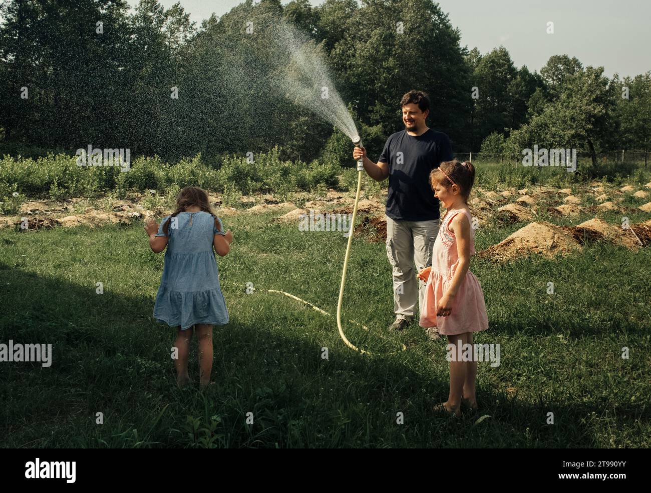 Dad and daughters play in the summer in the garden, a man sprinkles ...
