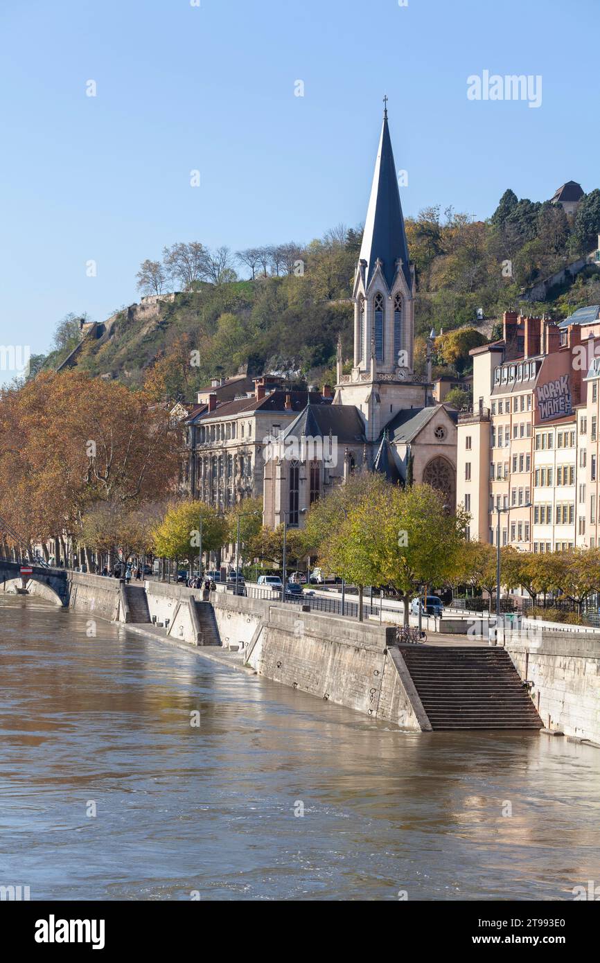 The Saône river and Eglise Saint Georges in Lyon, France Stock Photo ...
