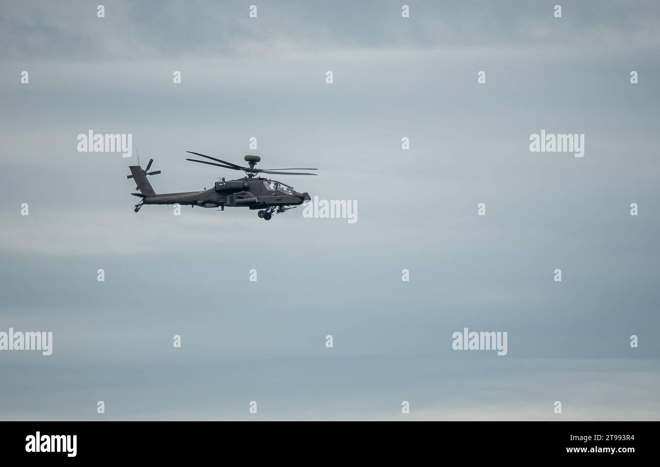 British army Boeing Apache Attack helicopter (AH-64E Army Air) in low ...