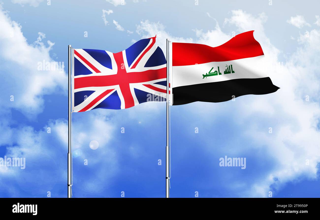 Iraq,UK flags together waving against blue sky Stock Photo - Alamy