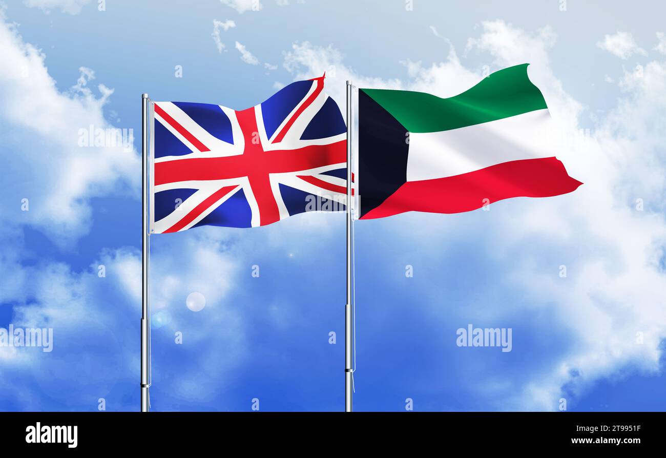 Kuwait,UK flags together waving against blue sky Stock Photo - Alamy
