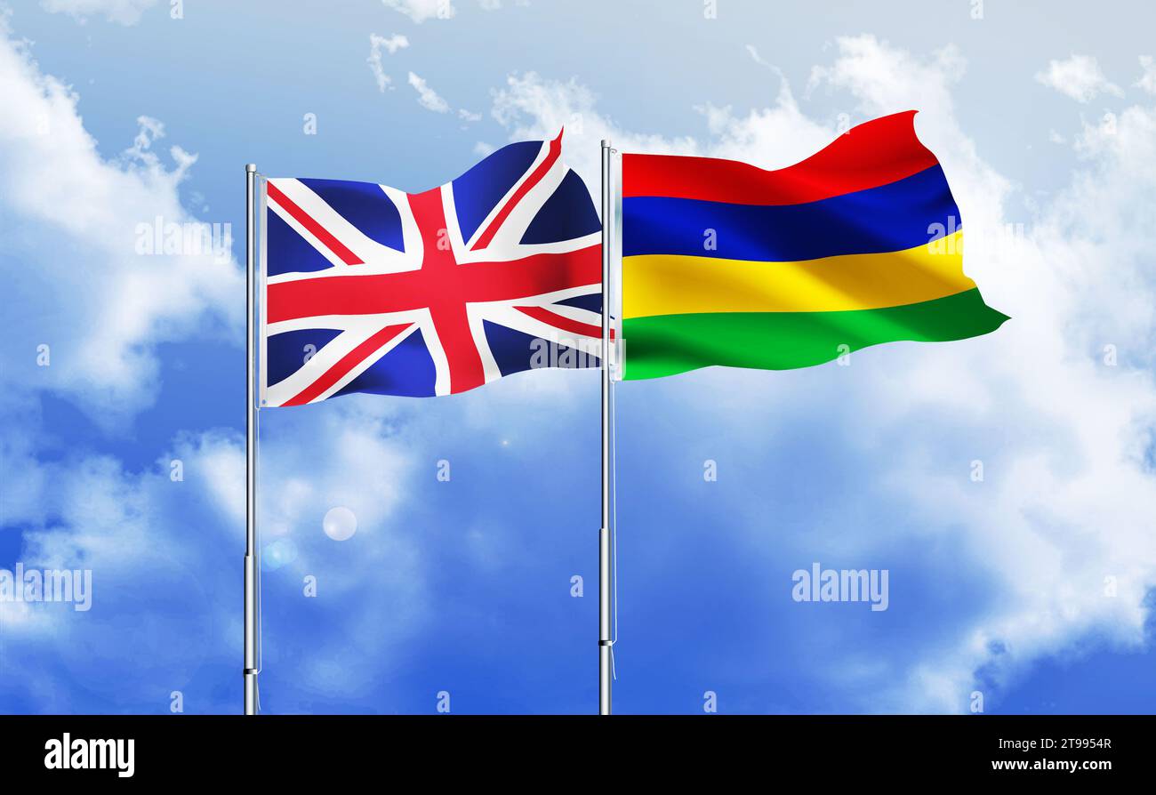 Mauritius,UK flags together waving against blue sky Stock Photo - Alamy