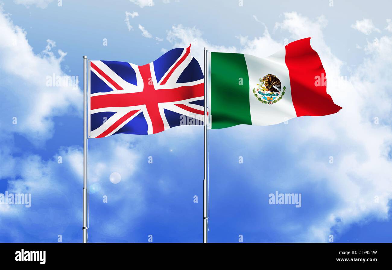 Mexico,UK flags together waving against blue sky Stock Photo - Alamy