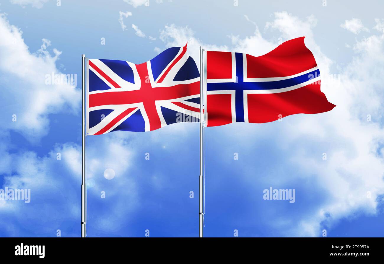 Norway,UK flags together waving against blue sky Stock Photo - Alamy