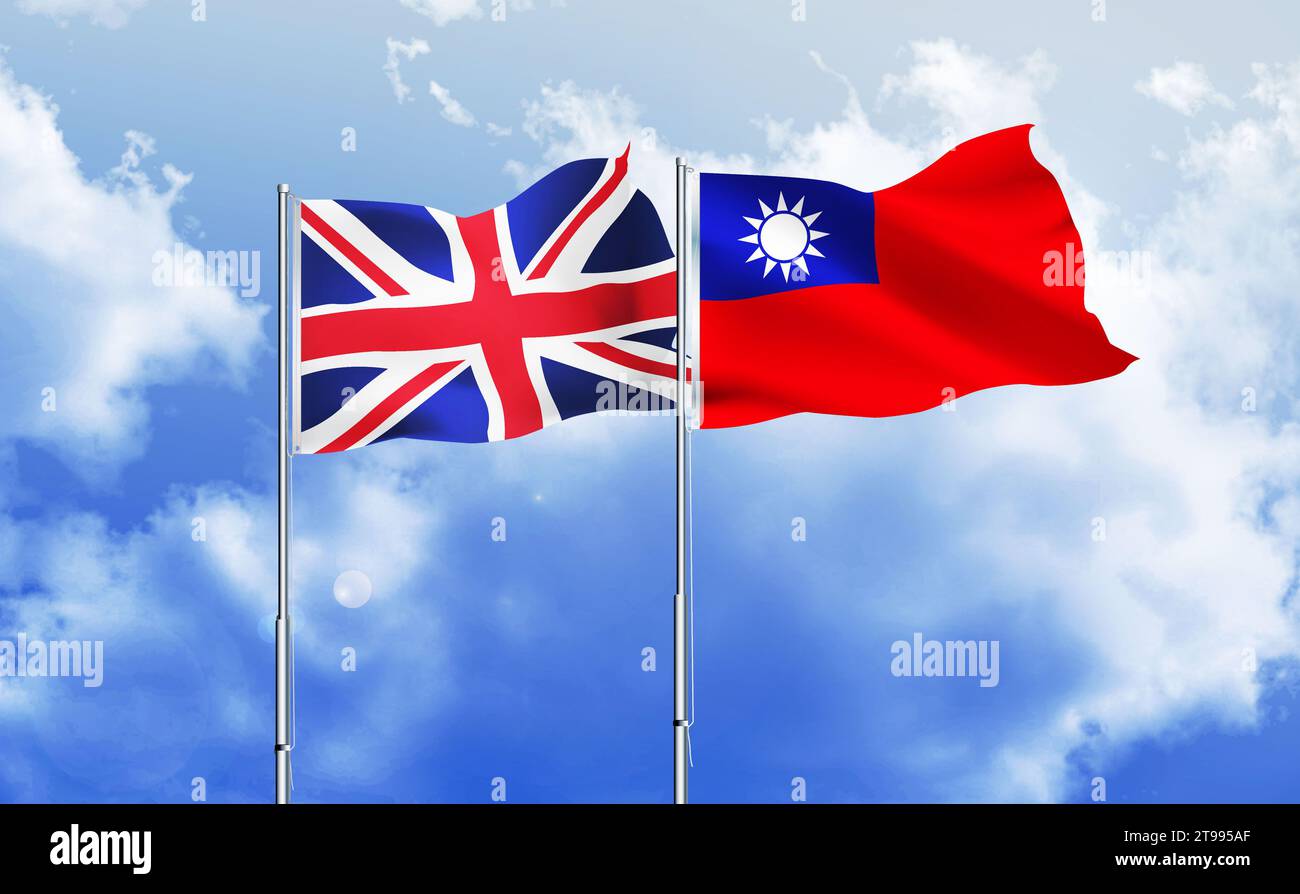 Taiwan,UK flags together waving against blue sky Stock Photo - Alamy