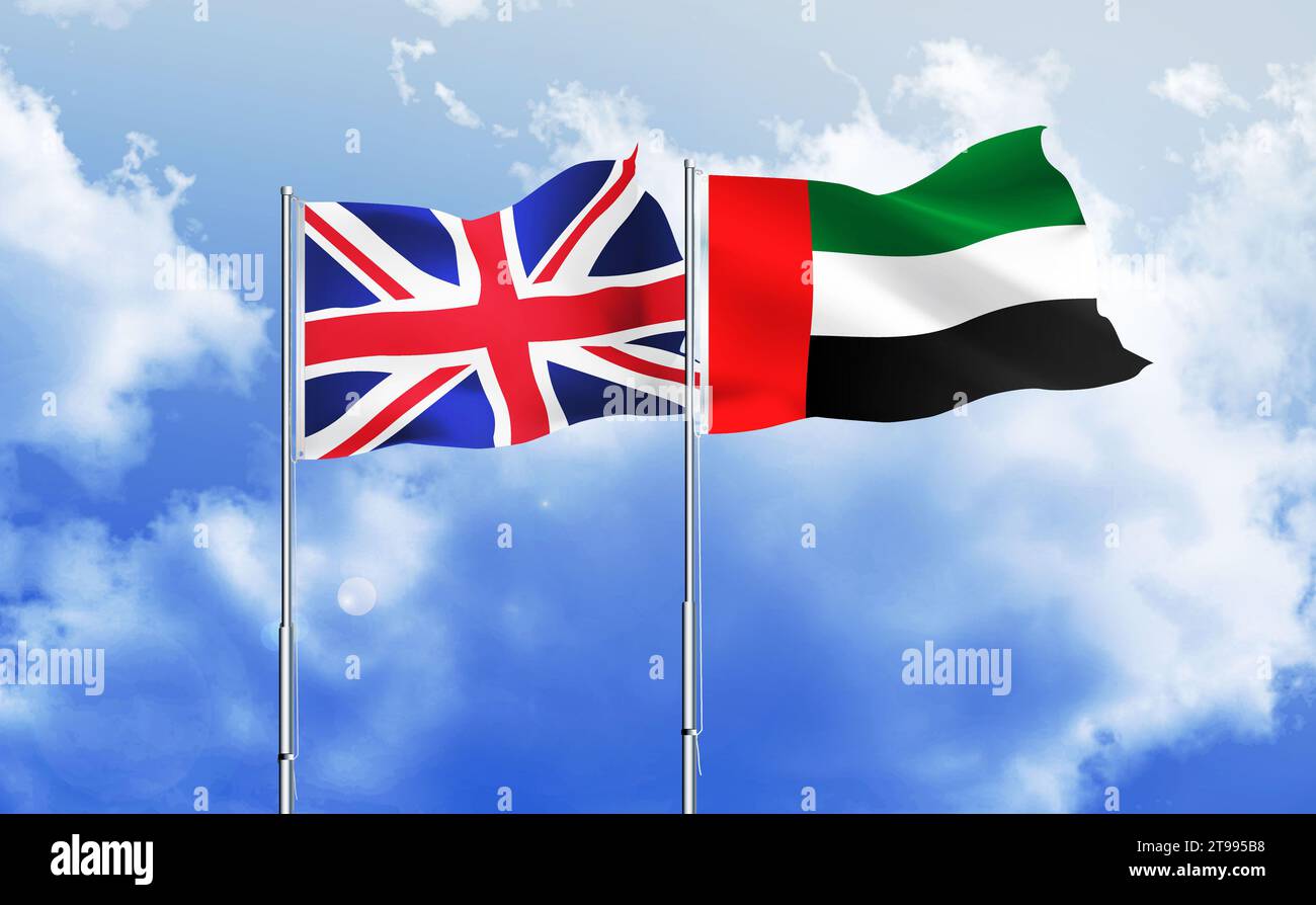 UAE,UK flags together waving against blue sky Stock Photo - Alamy