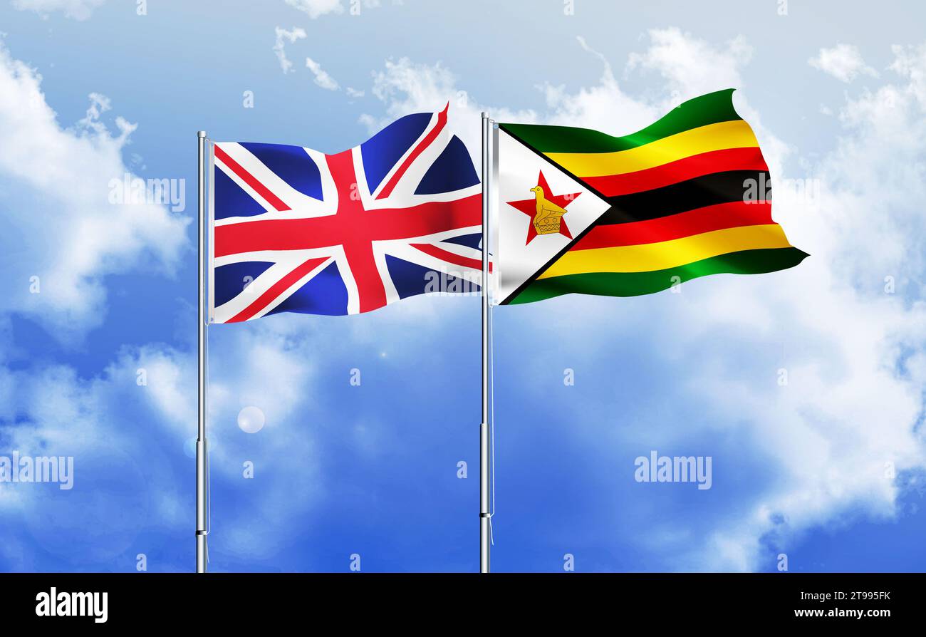 Zimbabwe,UK flags together waving against blue sky Stock Photo - Alamy