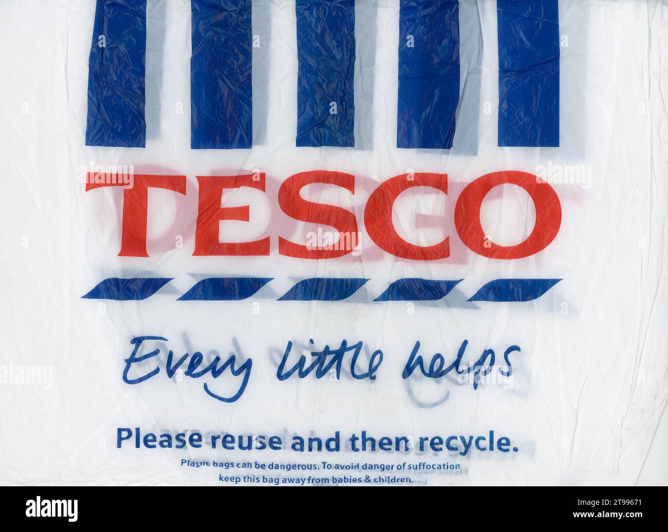 LONDON, UK - NOVEMBER 23, 2023: Tesco every little helps plastic bag ...