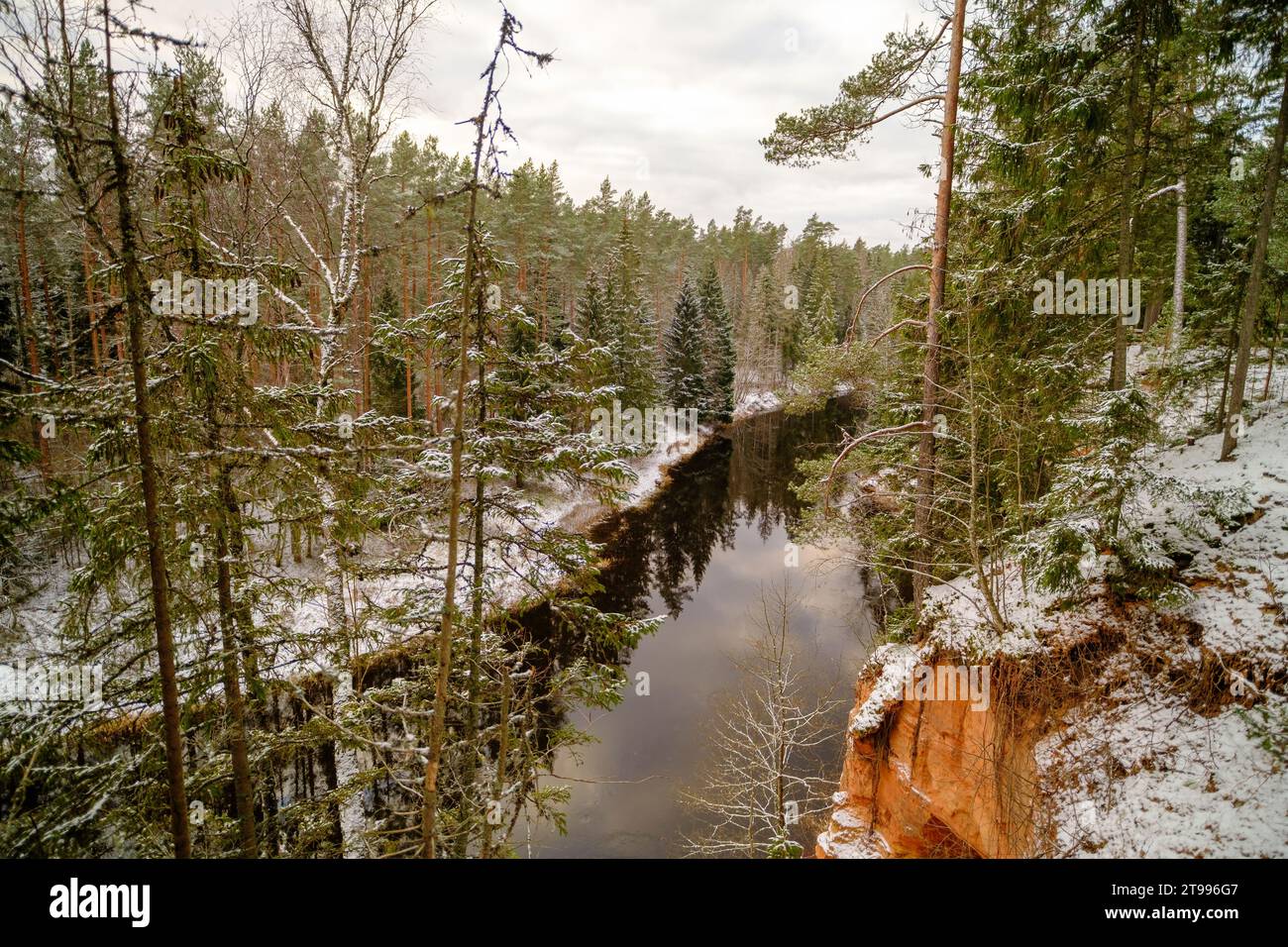 The river Salaca is meandered by high sandstone cliffs. Skanaiskalns ...