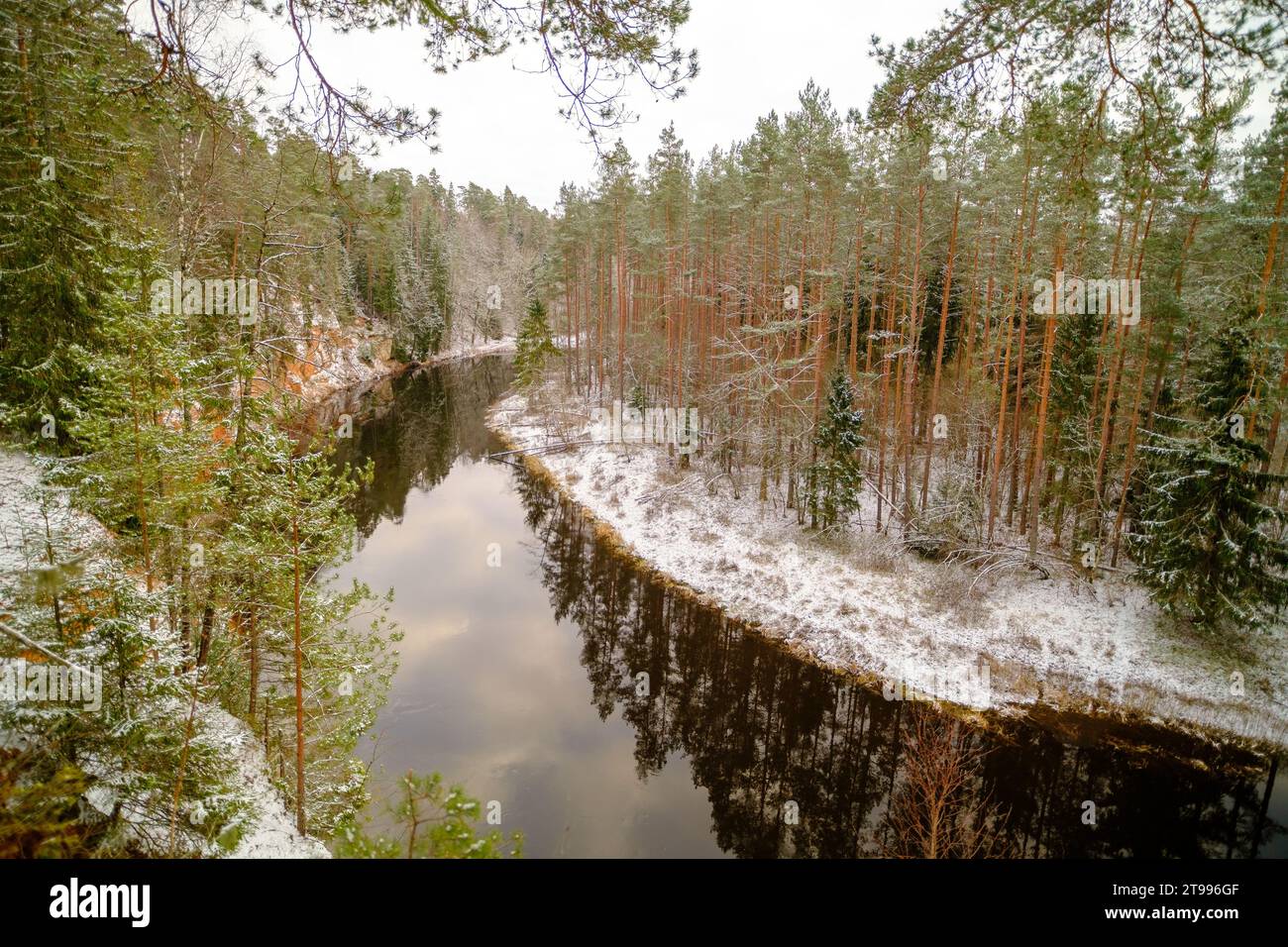 The river Salaca is meandered by high sandstone cliffs. Skanaiskalns ...