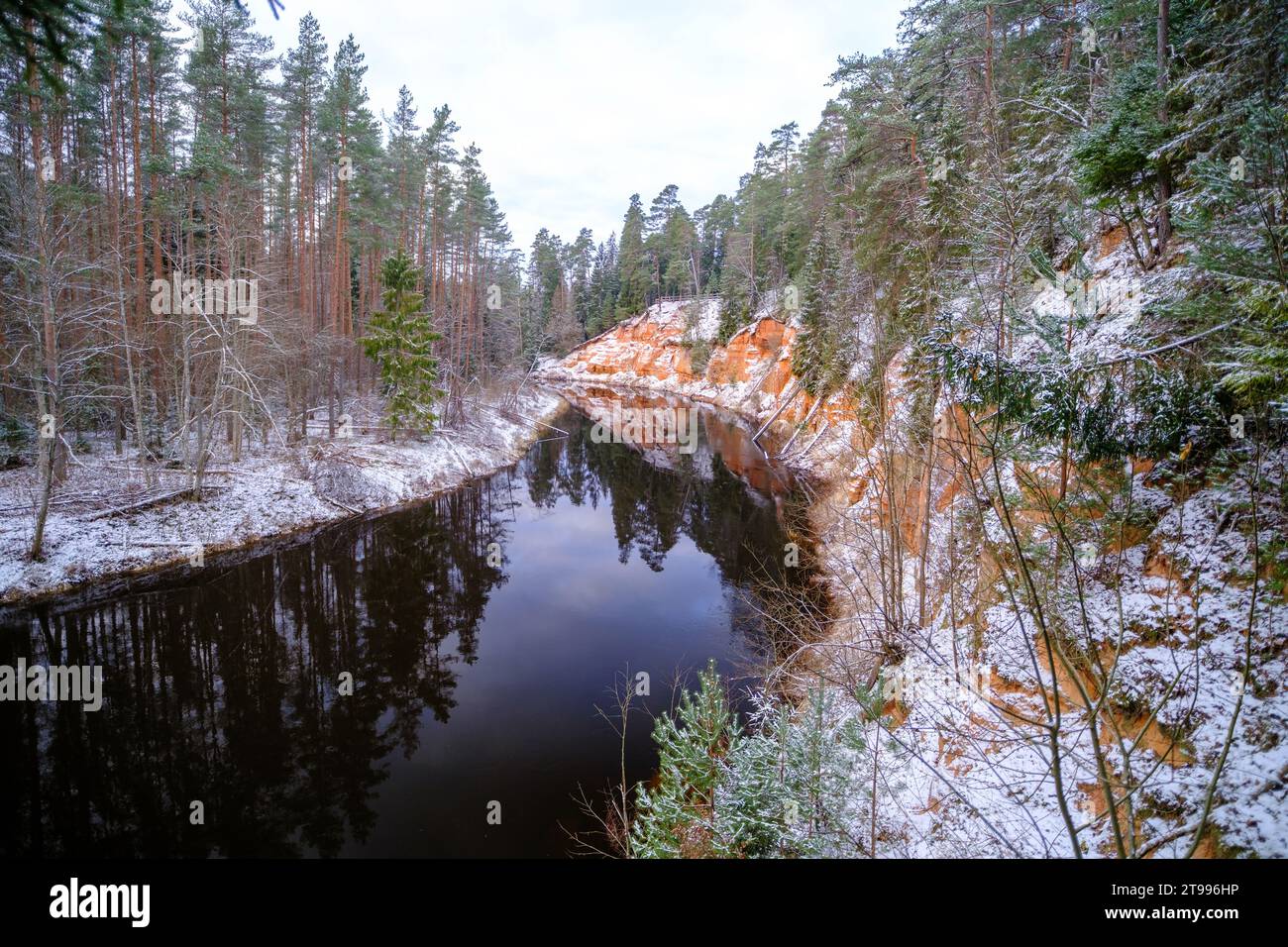 The river Salaca is meandered by high sandstone cliffs. Skanaiskalns ...