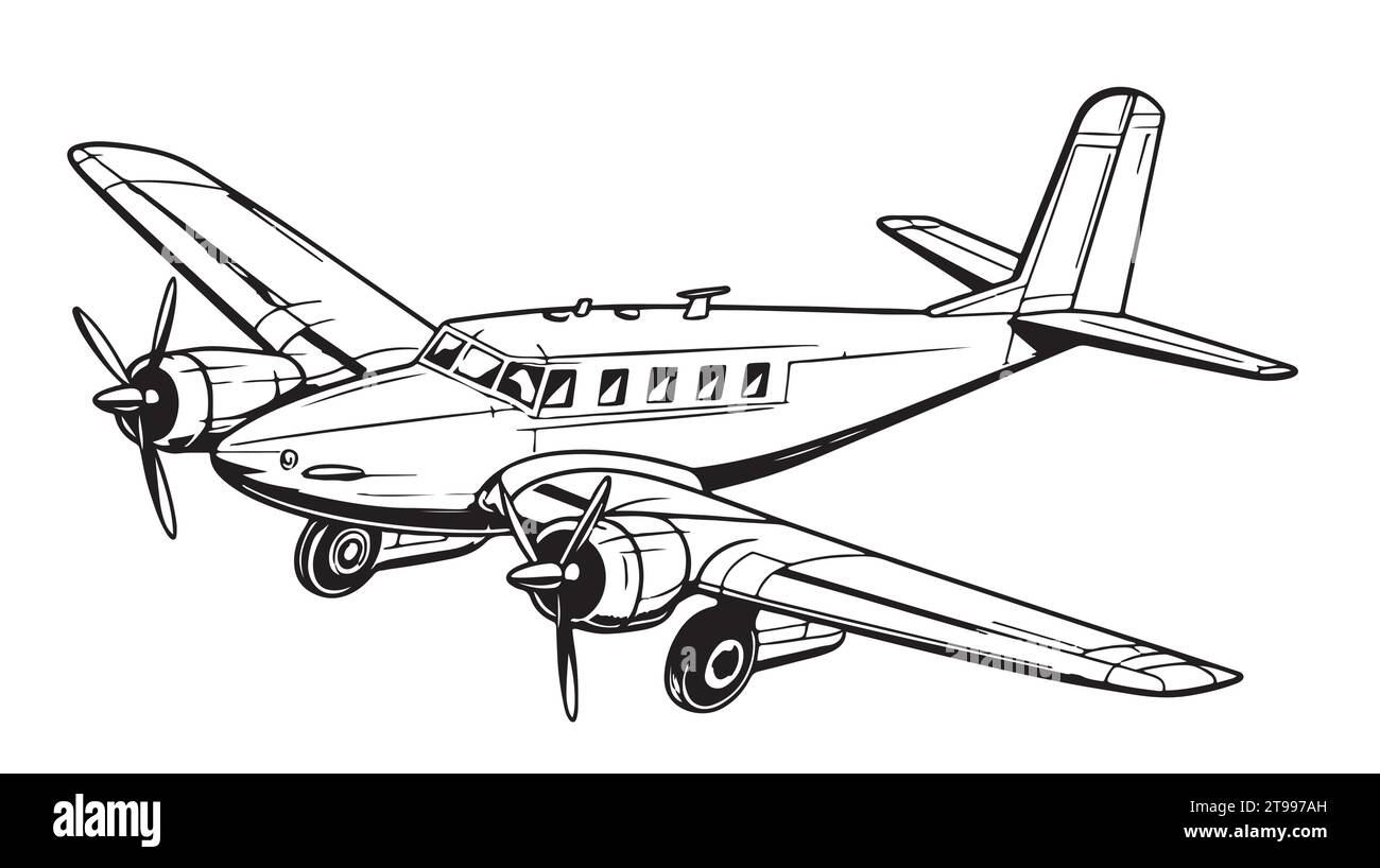 Hand drawn retro airplane. Realistic vintage plane isolated. Engraved ...