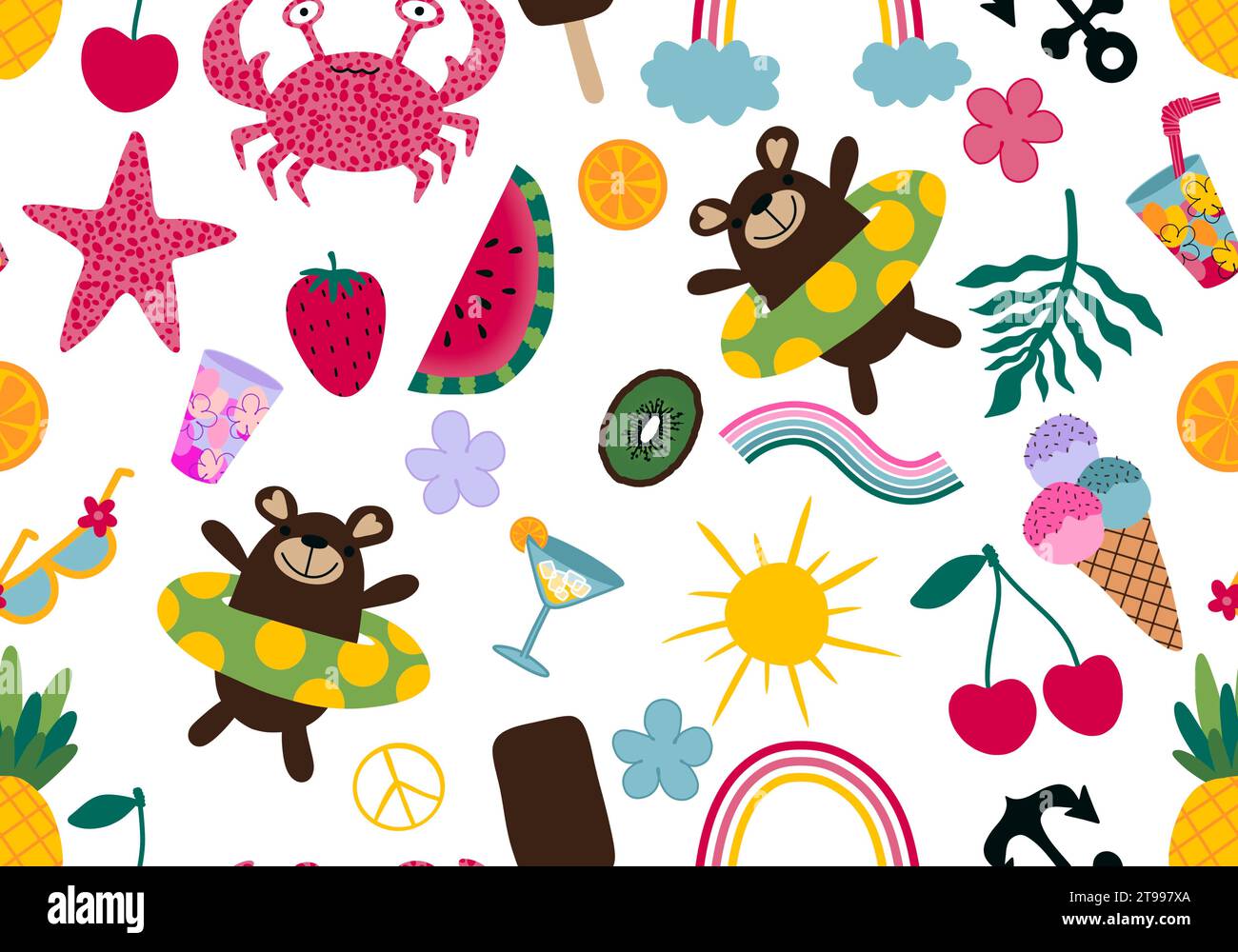 Summer cartoon doodle seamless rainbow and crabs and cherry and ice ...